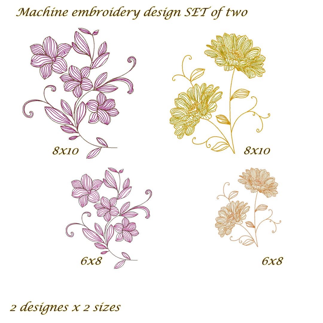 Large Machine Embroidery Designs Line Drawn Flowers SET - Etsy