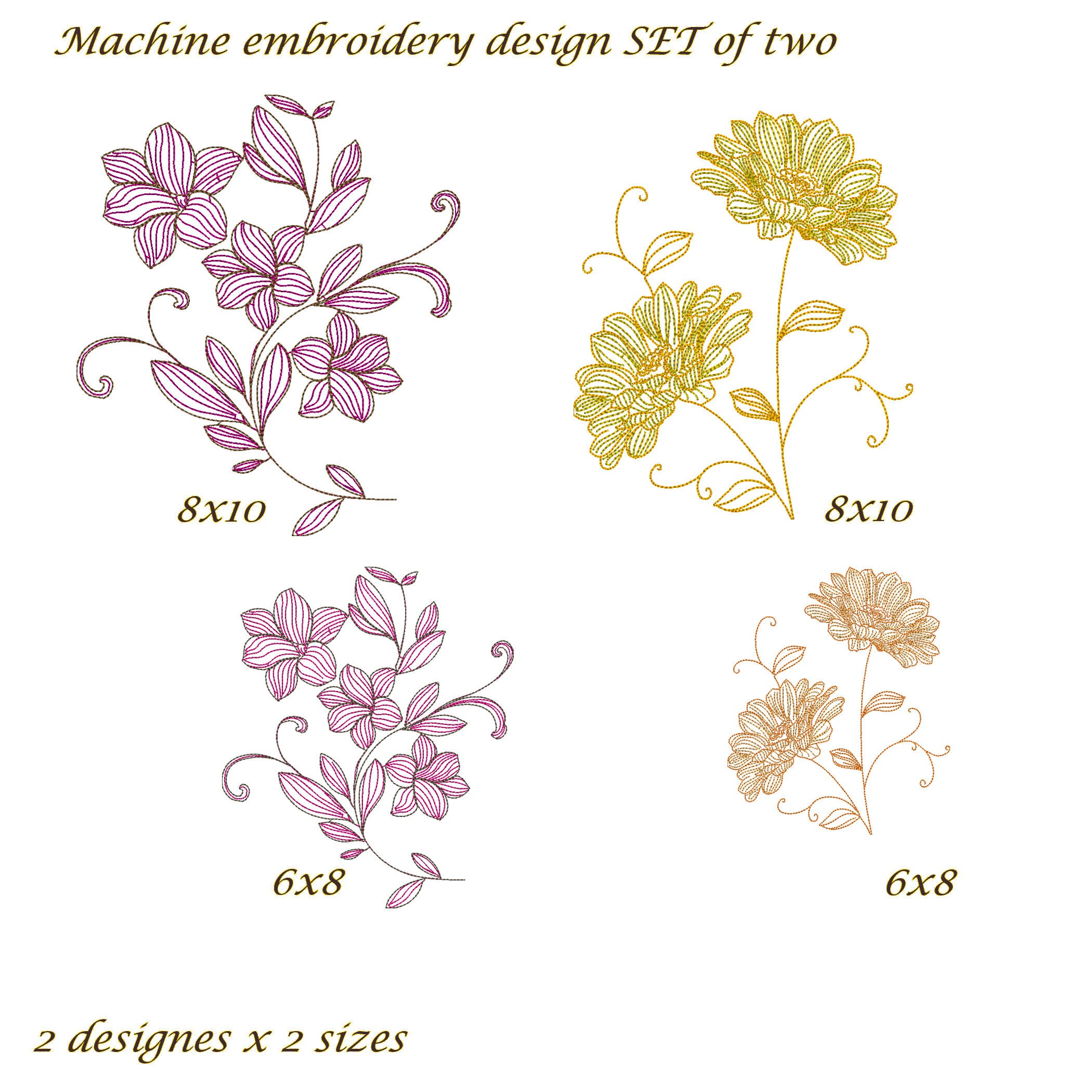 Large Machine Embroidery Designs Line Drawn Flowers SET - Etsy