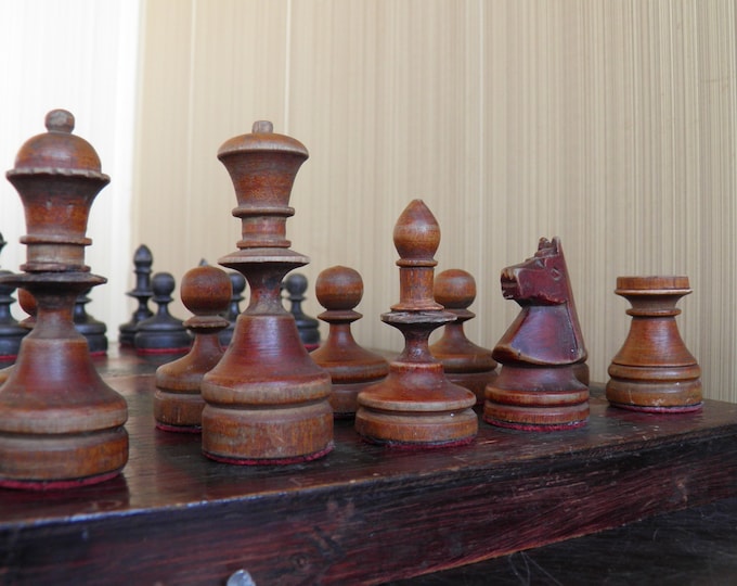 Antique Wooden Chess Set With Plumb Line and Original Chessboard in ...