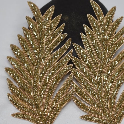 2 Gold Beaded Decorative Handmade Patches Leaf Embroidered - Etsy