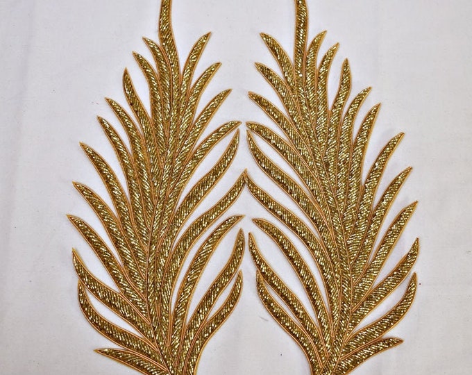 2 Gold Beaded Decorative Handmade Patches Leaf Embroidered Indian ...