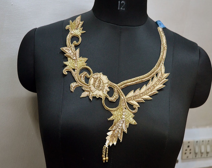Handmade Gold Sequins Neckline Decorative Patches Crafting Zardosi Gold ...