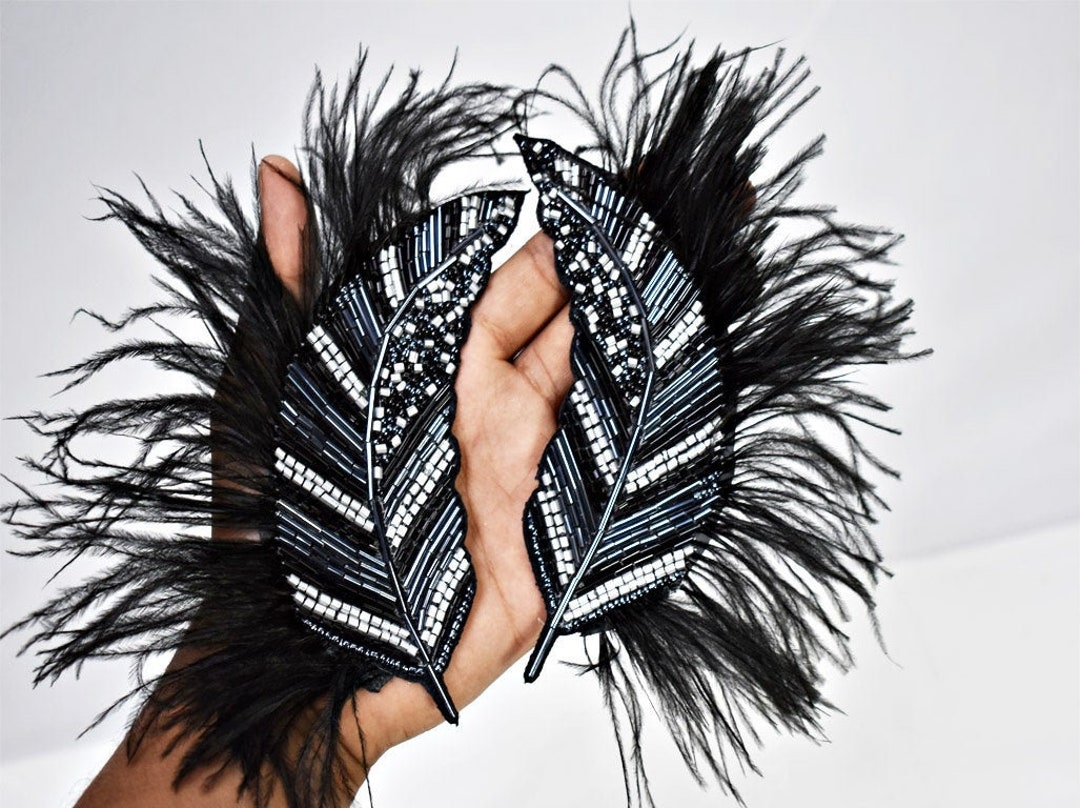 2 Piece Black Handmade Natural Real Feather Patches Bugle Bead ...