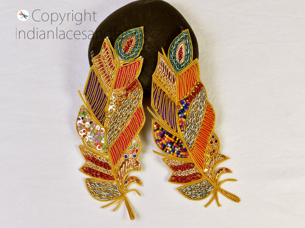 2 Piece Gold Handmade Feather Patches Embroidered Indian - Etsy