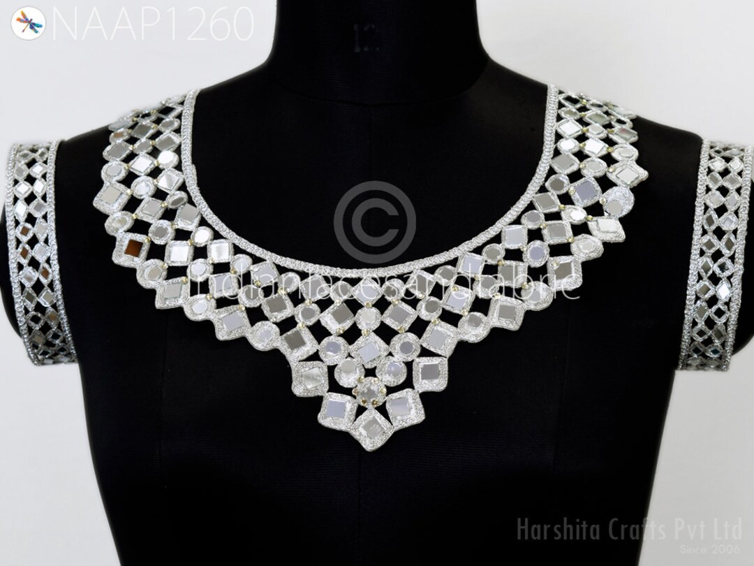 Silver Real Mirror Work Neckline Applique With Sleeves: Handcrafted ...