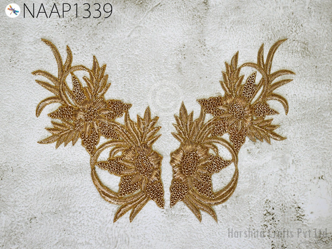 1 Pair Neckline Designer Patches, Handmade Zardosi Gold Neck Patch ...