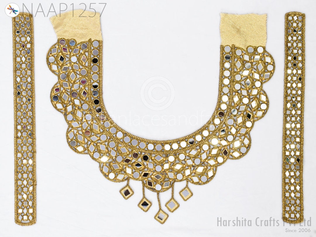Antique Gold Mirror Work Neckline Applique With Sleeves: Handcrafted ...