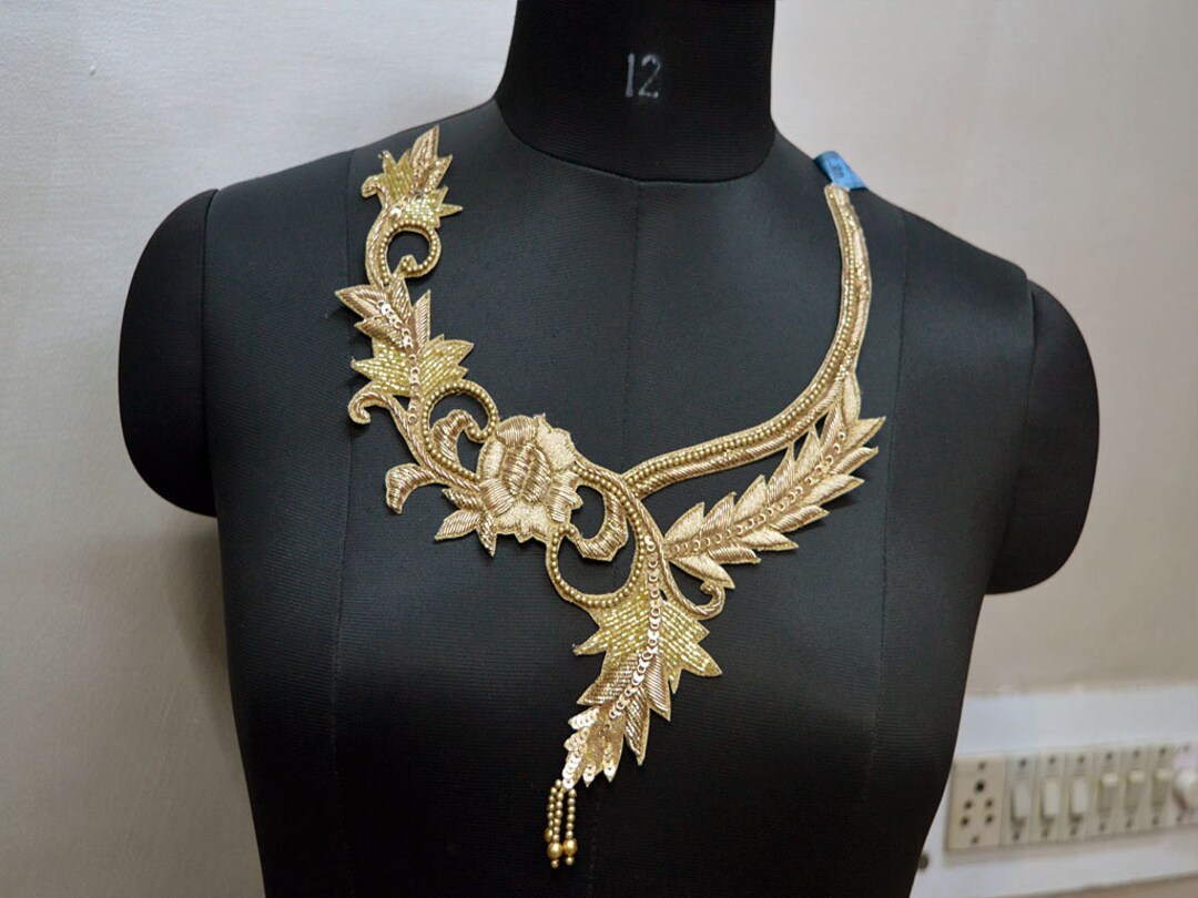 Handmade Gold Sequins Neckline Decorative Patches Crafting Zardosi Gold ...