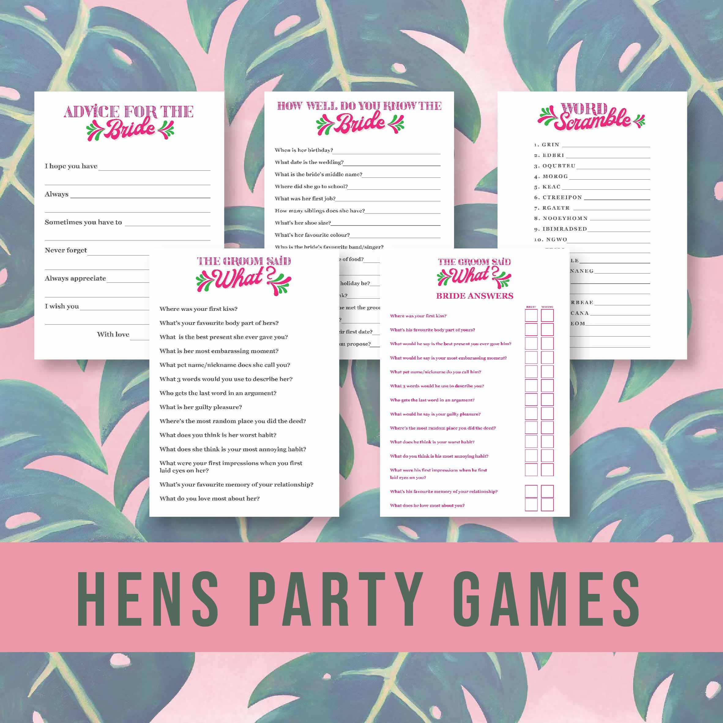 Pink Hens Party Games, Instant Download, Hens Party Game Bundle ...