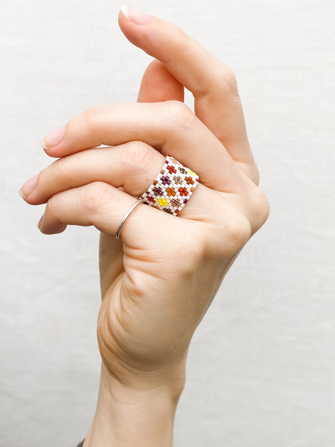 Unique Handmade Beaded Ring for Woman, White Wide Band Statement Rings ...