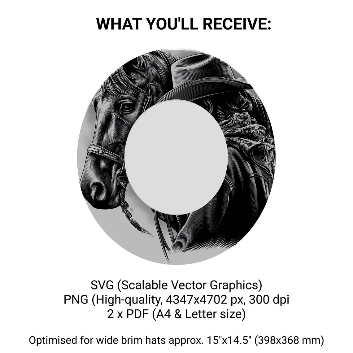 Desenho de chapéu com cavalo e cowgirl gravado a laser, estêncil para ...