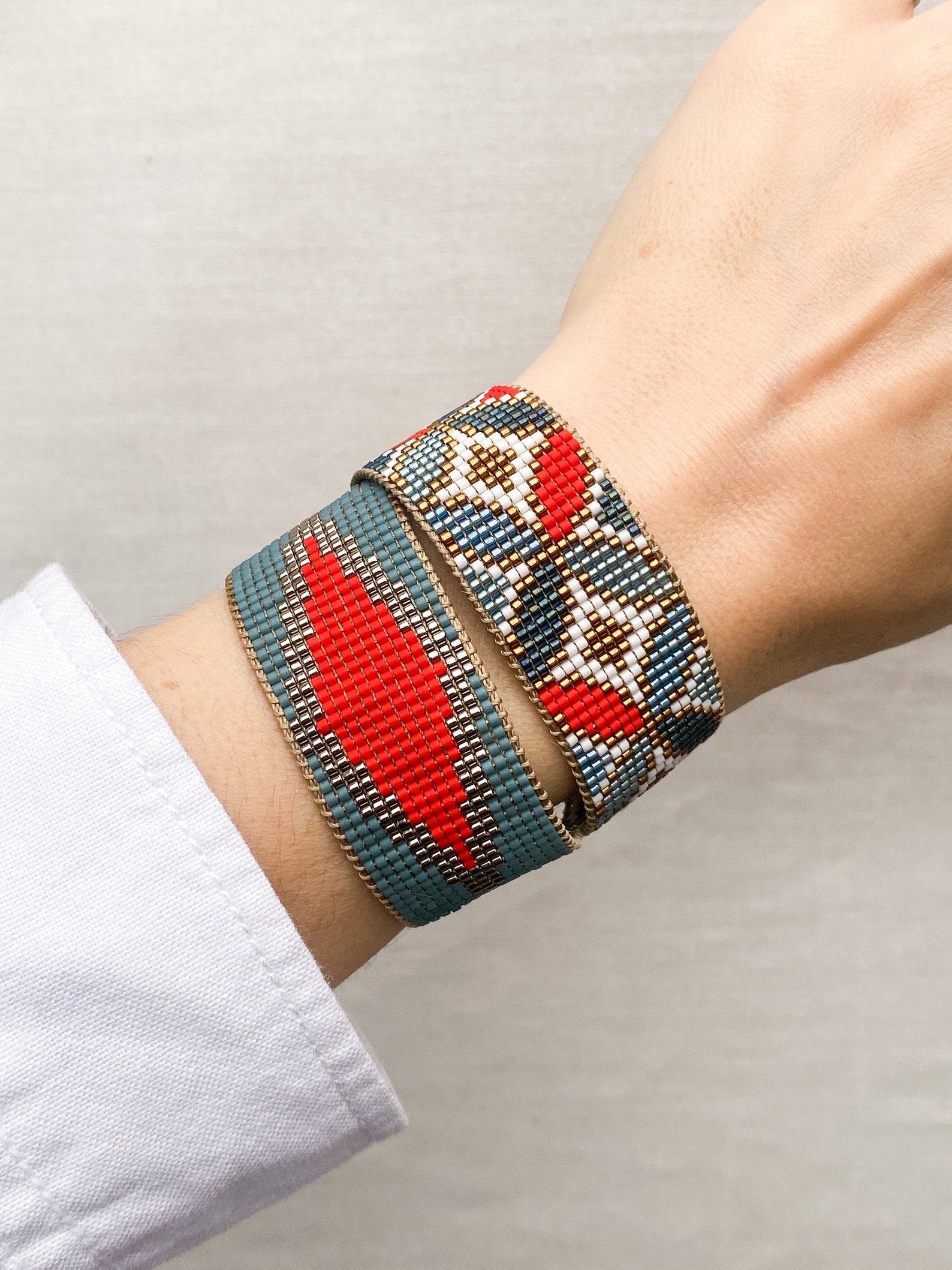 Set of 2 Beaded Wide Bracelets and Woven Ring Band Flower - Etsy