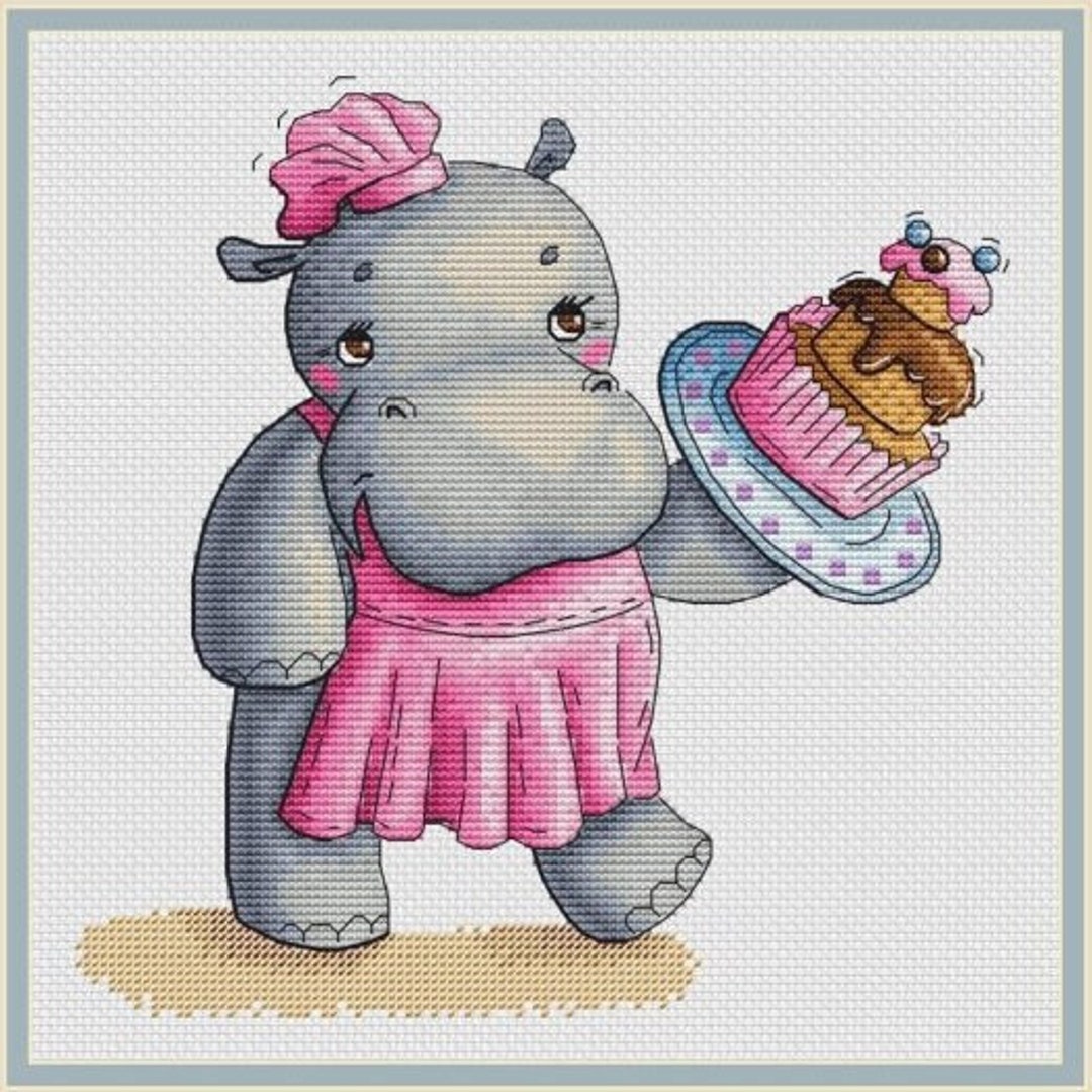 Hippopotamus Cross Stitch Pattern PDF, Hippo With Cake Embroidery ...