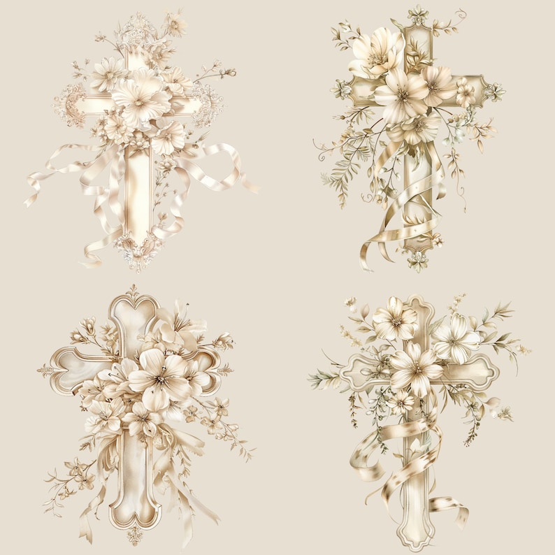 Victorian Cross Clipart Watercolor Beige Floral Christian Cross PNG ...