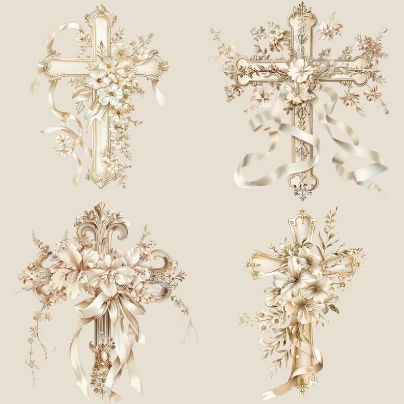 Victorian Cross Clipart Watercolor Beige Floral Christian Cross PNG ...
