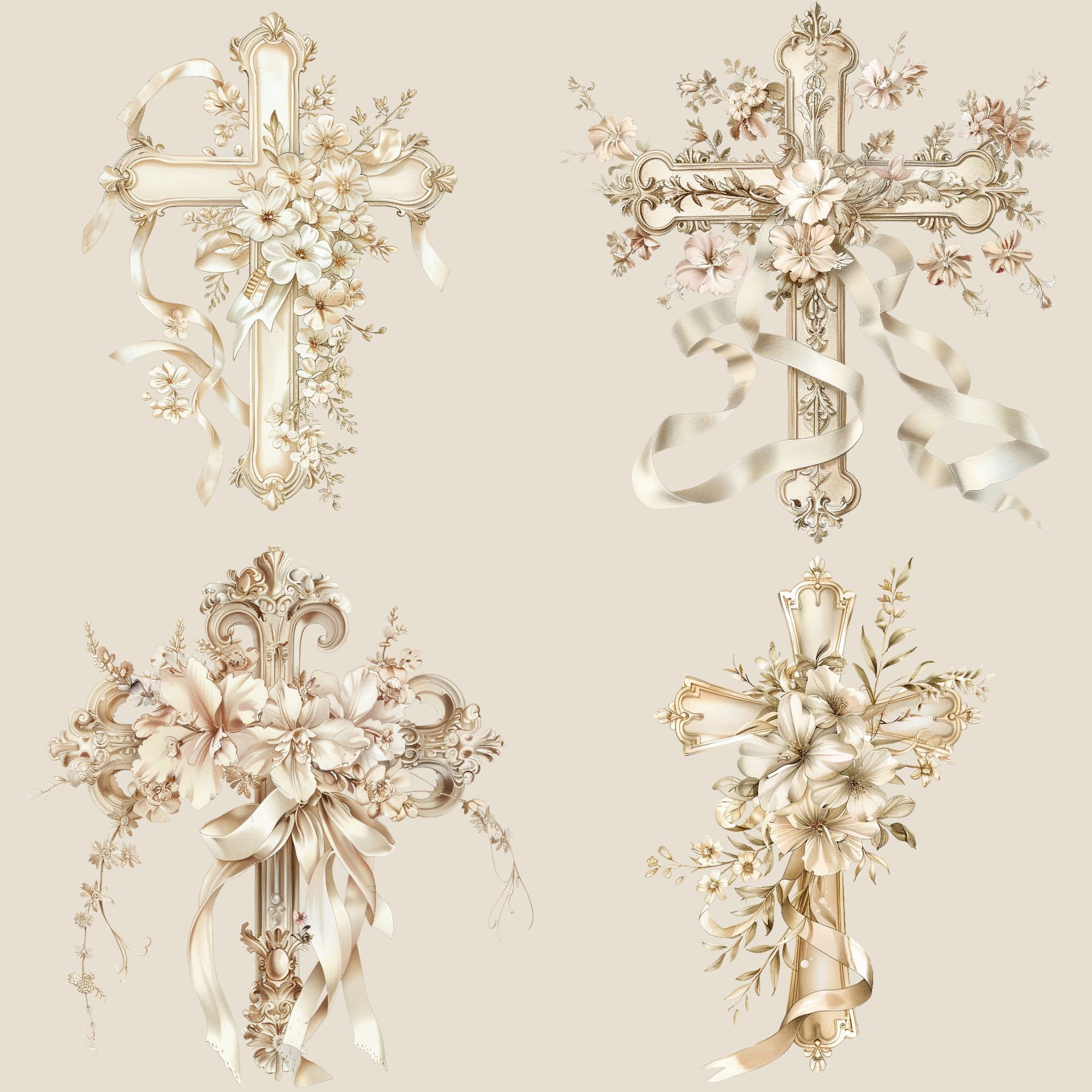 Victorian Cross Clipart - Watercolor Beige Floral Christian Cross PNG ...