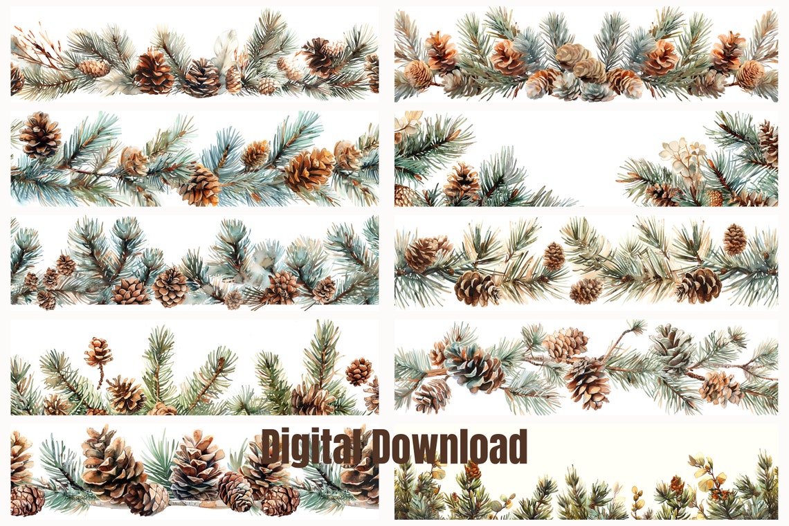 Pine Cone Border Clipart: Watercolor Evergreen Needle Digital Paper for ...