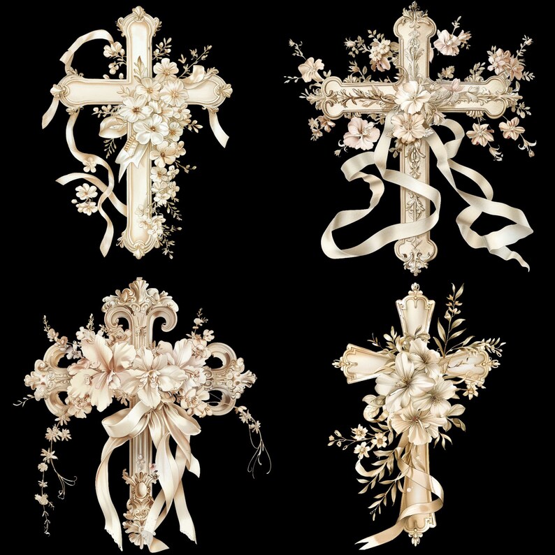 Victorian Cross Clipart Watercolor Beige Floral Christian Cross PNG ...