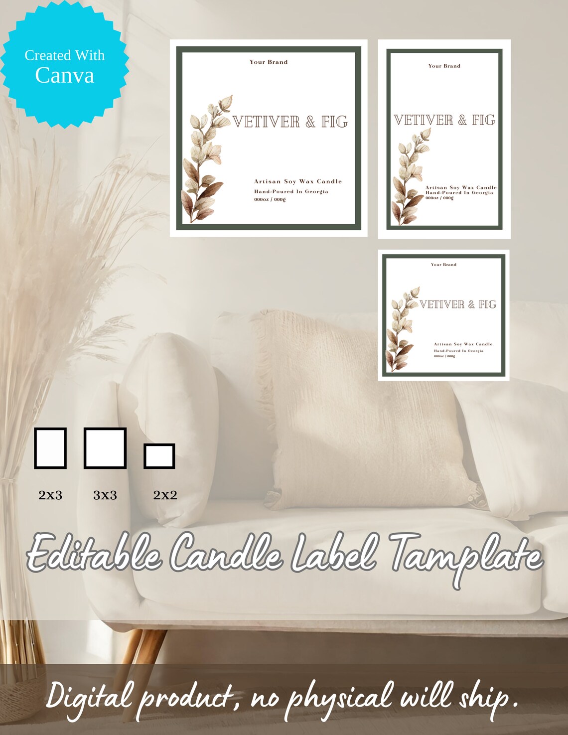Editable Canva Candle Label, Customizable Tamplate, Floral Green Design ...