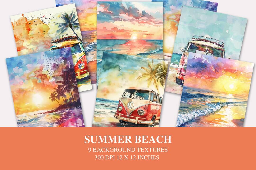 Summer Beach Digital Paper Background, Colorful Sunset and Hippie Car ...