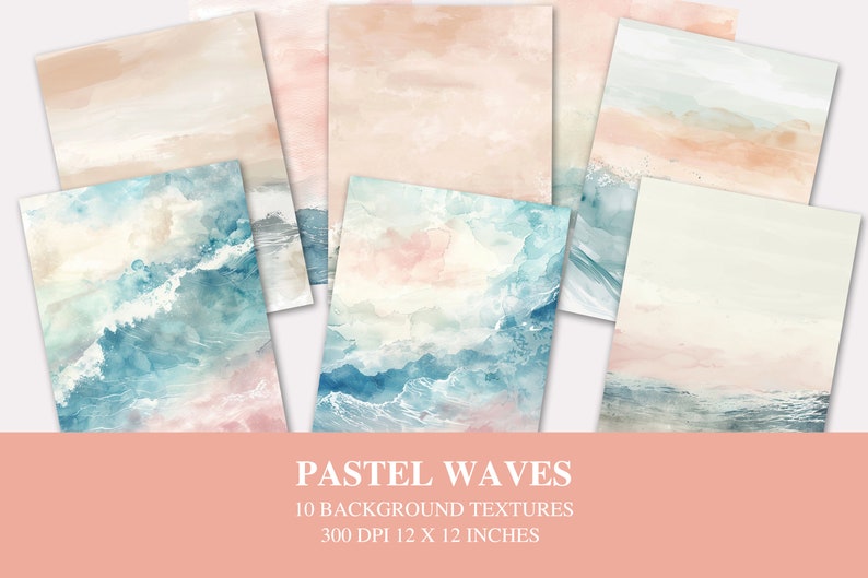 Pastel Waves Digital Paper Background, Blue, Green, and Pink Textures ...