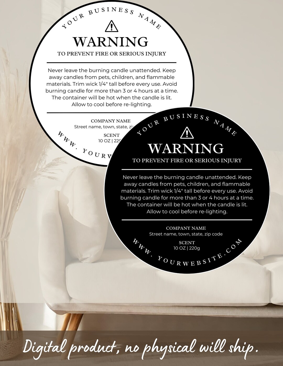 Editable Warning Candle Label, Customizable Canva Tamplate, Round Black ...