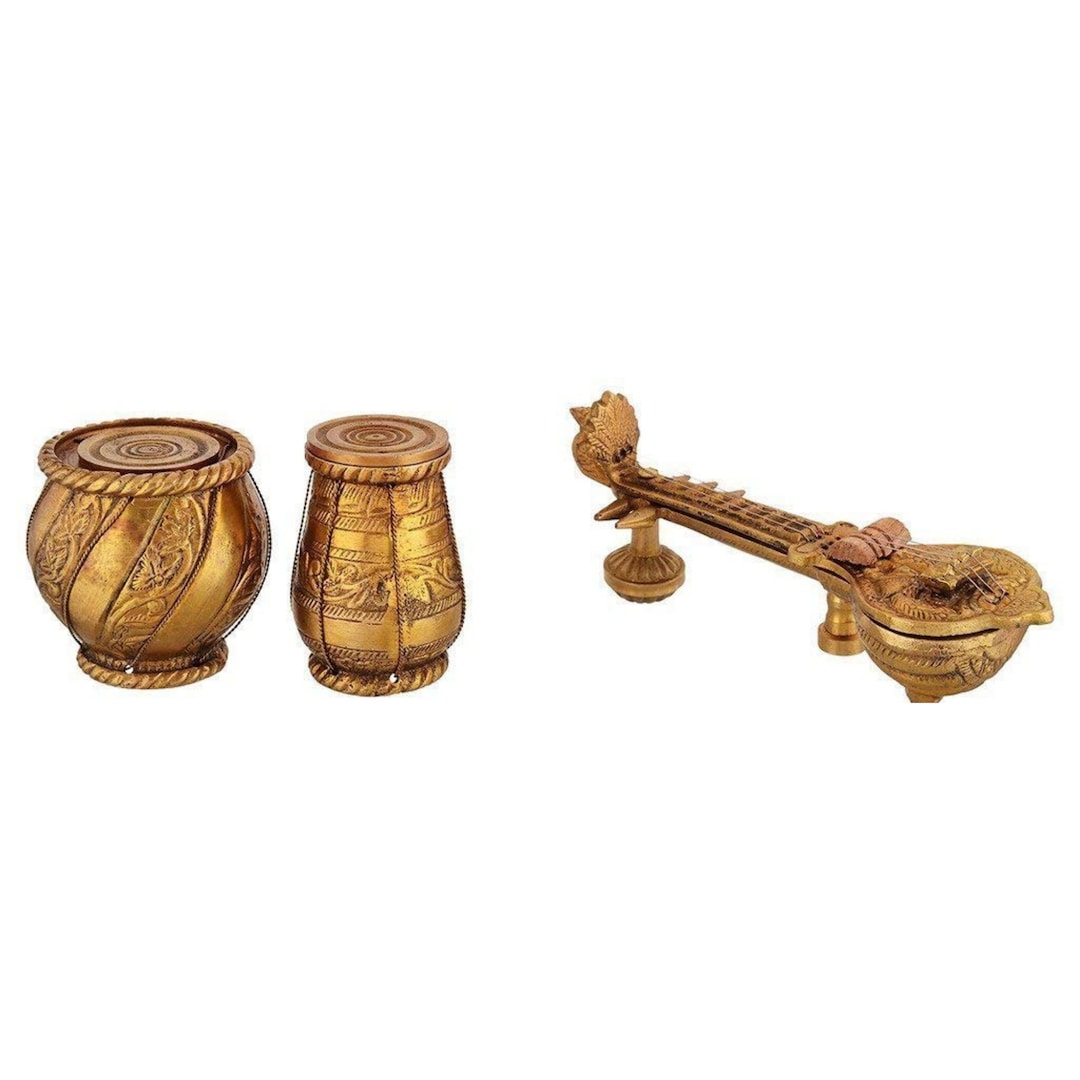 BRASS SITAR TABLA Set Miniature Indian Musical Instruments Brass Veena ...