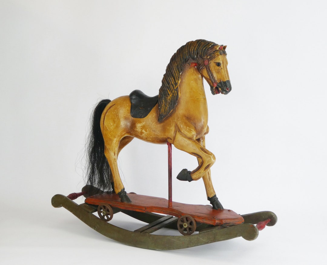 Antique Large Wooden Rocking Horse With Glass Eyes, Old Animal Toy on ...
