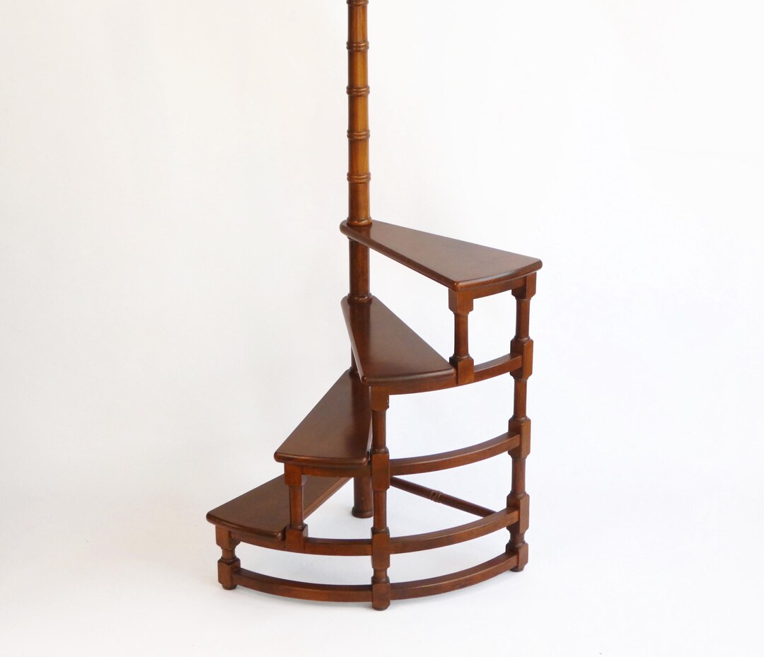 Vintage Wooden Bookcase Ladder, Spiral Victorian Library Stairs ...