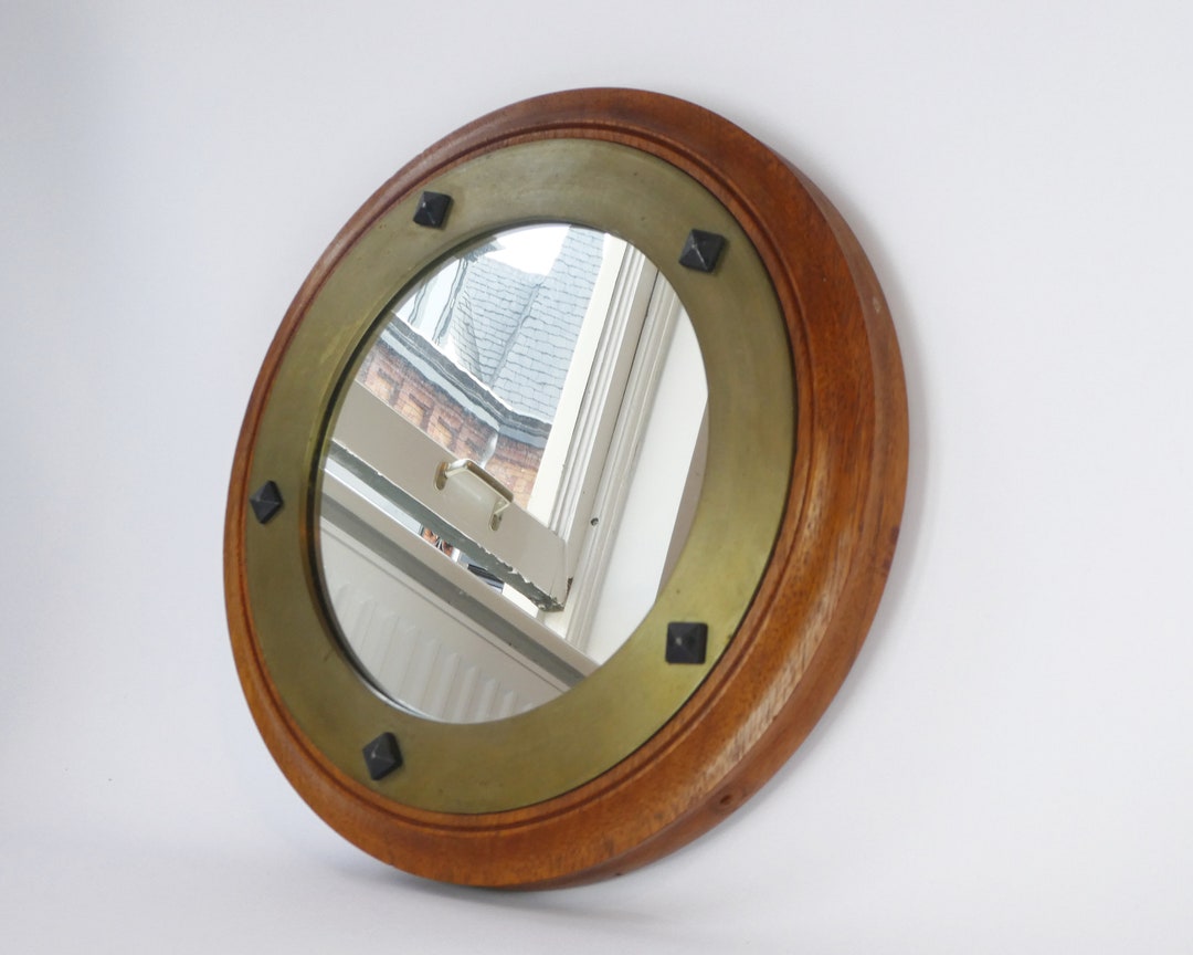 Vintage Round Nautical Mirror With Wood and Metal, Ship's Window Mirror ...