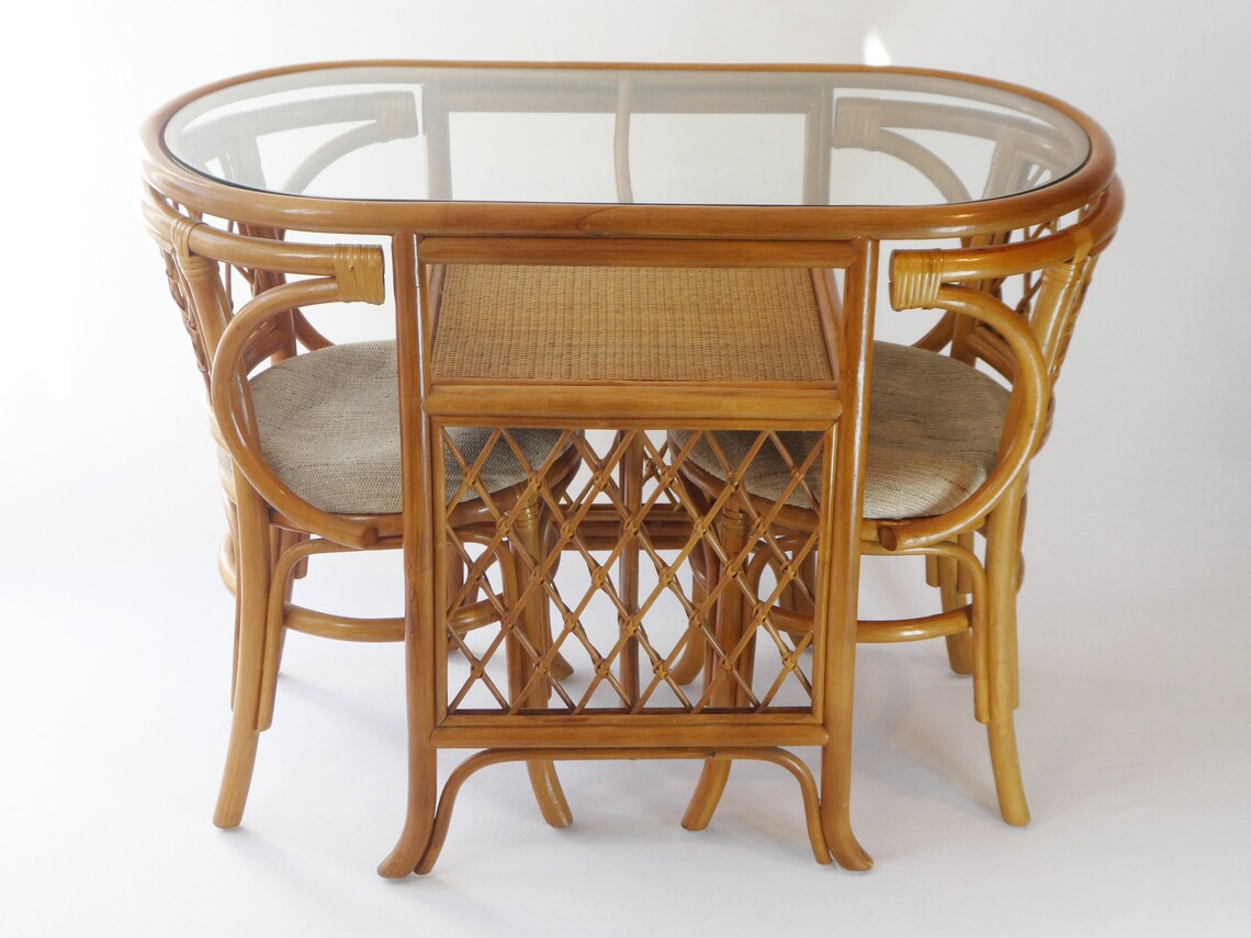 Vintage Bamboo Bistro Dining Set With Glass Top Wicker Boho - Etsy