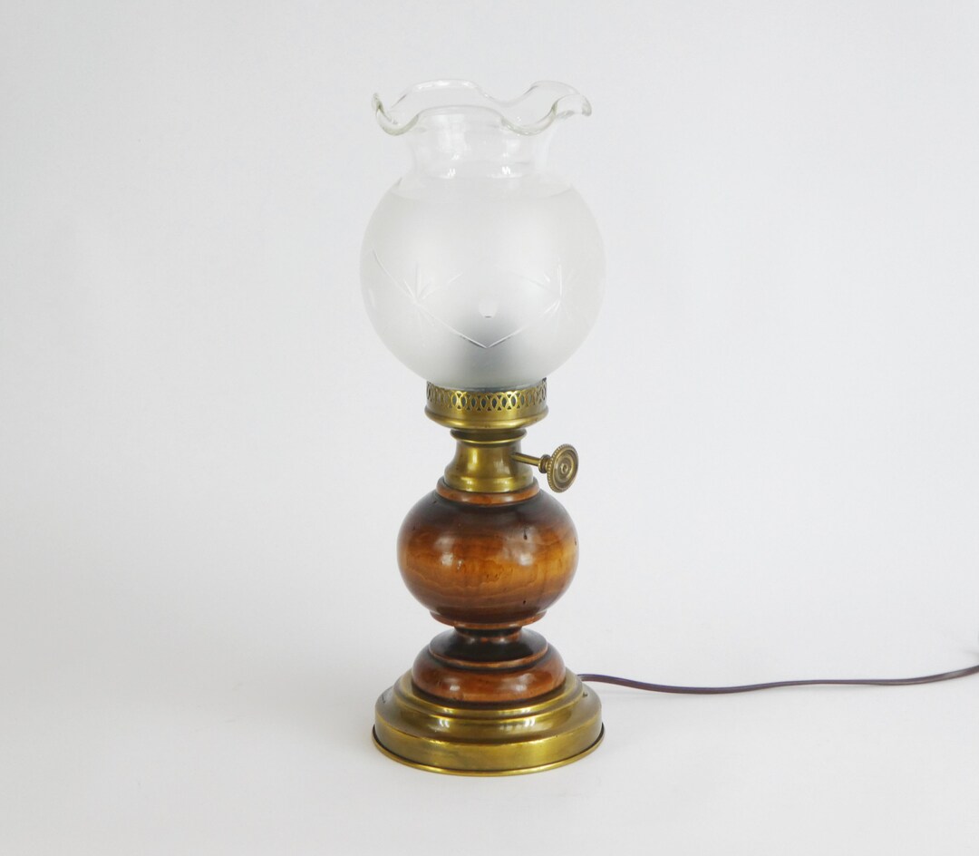 Antique Wooden Ornate Oil Table Lamp With Glass Shade, Beautiful German ...