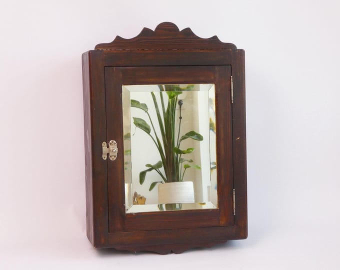 Antique Wooden Small Wall Cabinet With Beveled Mirror and Ornaments ...