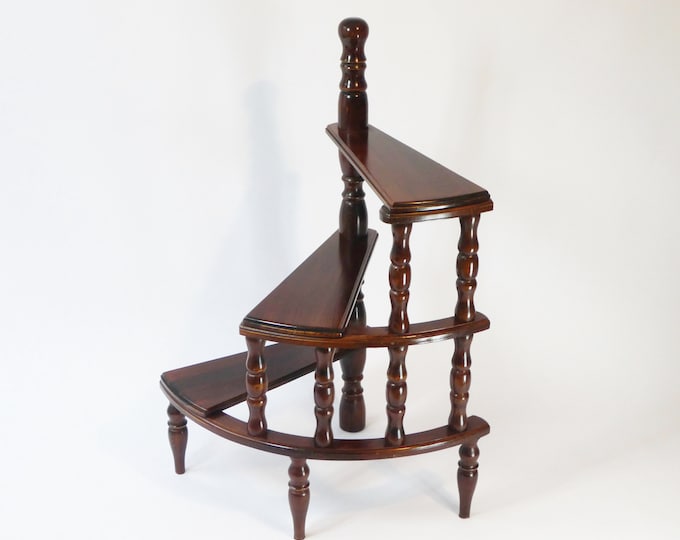 Vintage Library Stairs With 3 Tiers, Wooden Bookcase Ladder With Carved ...