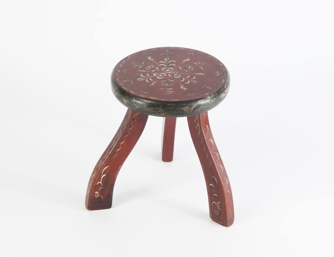 Cute Vintage Red Wooden Round Milking Stool, Hand Painted Tripod Plant ...
