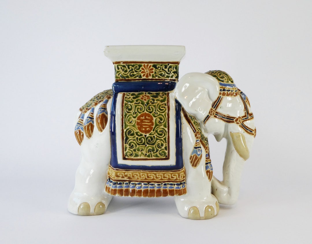 Colourful Vintage Large Ceramic Elephant Plant Stand, White, Blue and ...