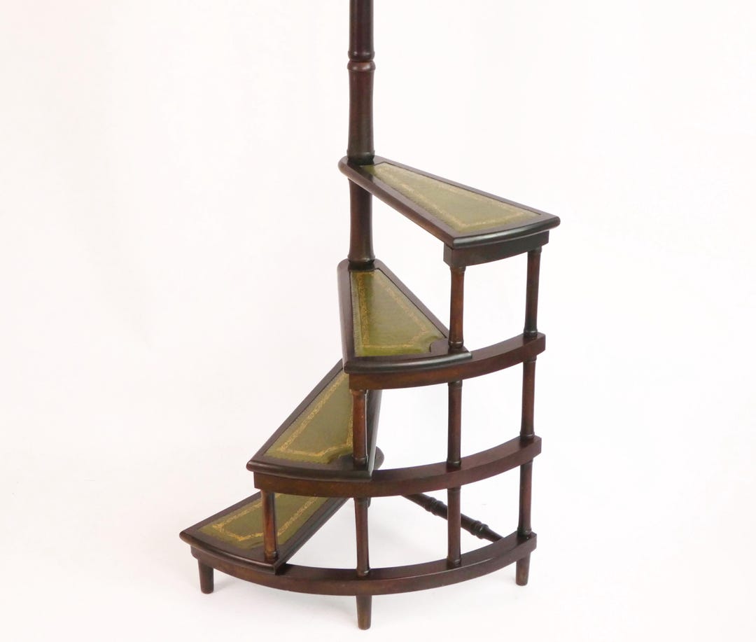 Large English Wooden Library Stairs With Green Leather, Vintage Spiral ...