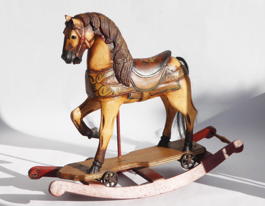 Wood Carved Rocking Horse With Glass Eyes, Carousel Horse With Floral ...
