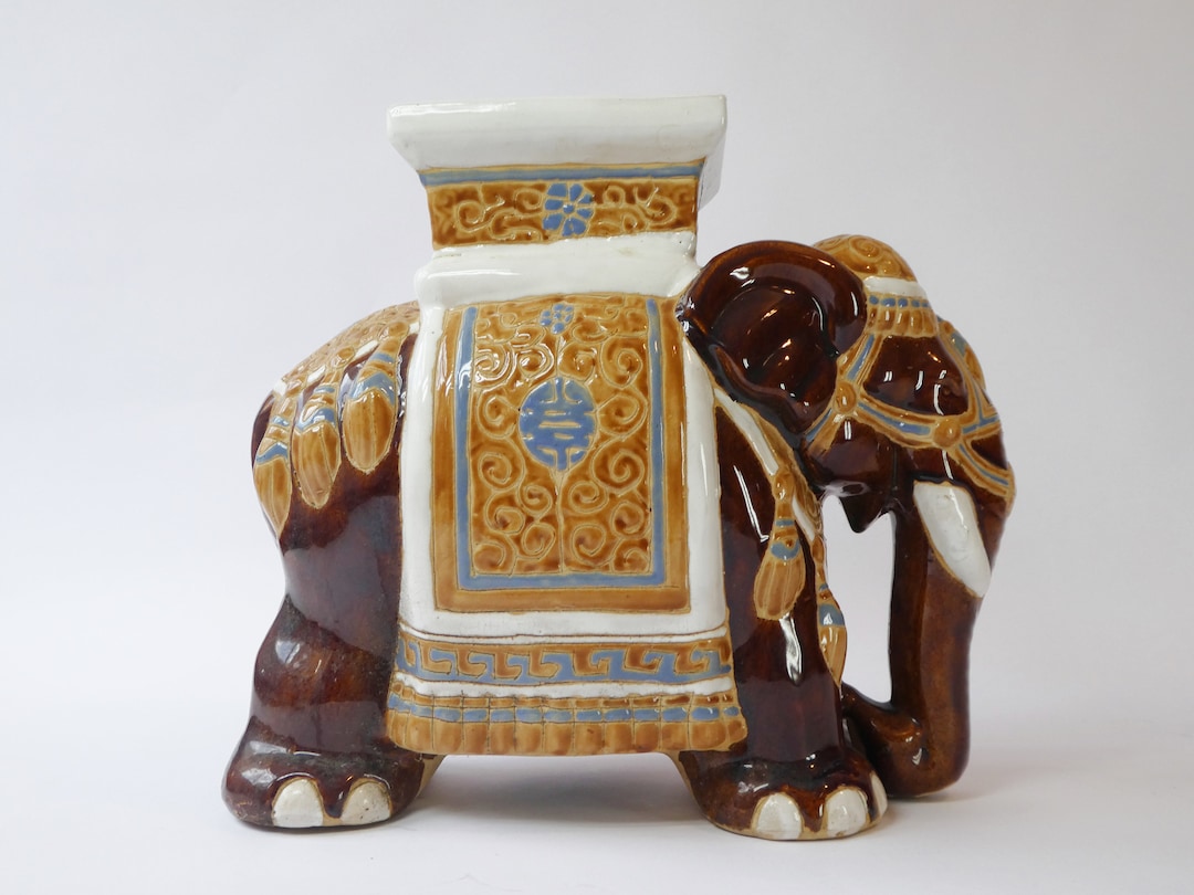 Colorful Vintage Large Ceramic Elephant Plant Stand, Boho Glazed Brown ...