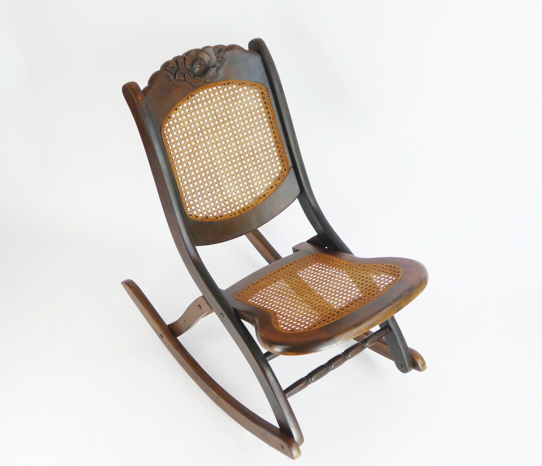 Vintage Wooden Rattan Rocking Chair, Folding Carved Seat, Cane Chair ...