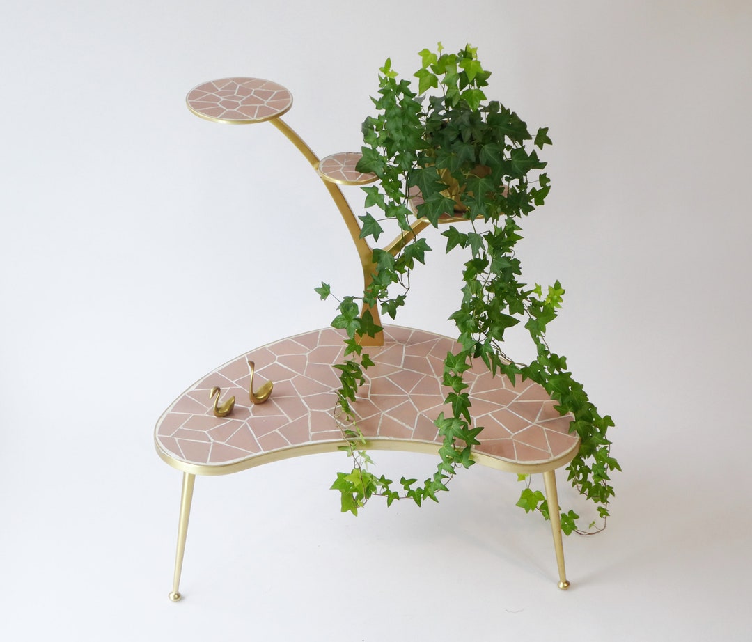 Rare Mid Century Pink Plant Stand With Ceramic Tiles and Golden Rim ...