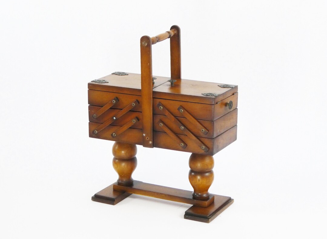 Antique Wooden Sewing Box on Legs, Accordion Storage Box With 5 Drawers ...