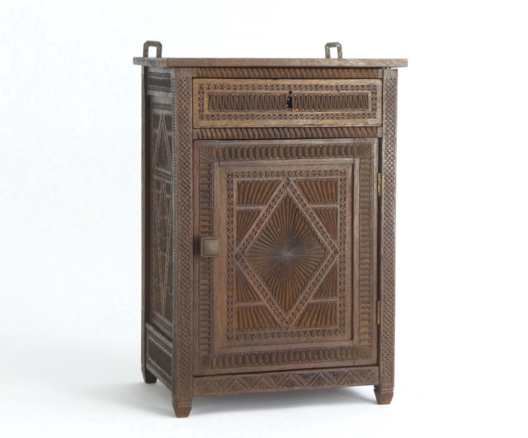 Antique Chip Carved Small Wooden Chest, Dutch Carved Medicine Cabinet ...