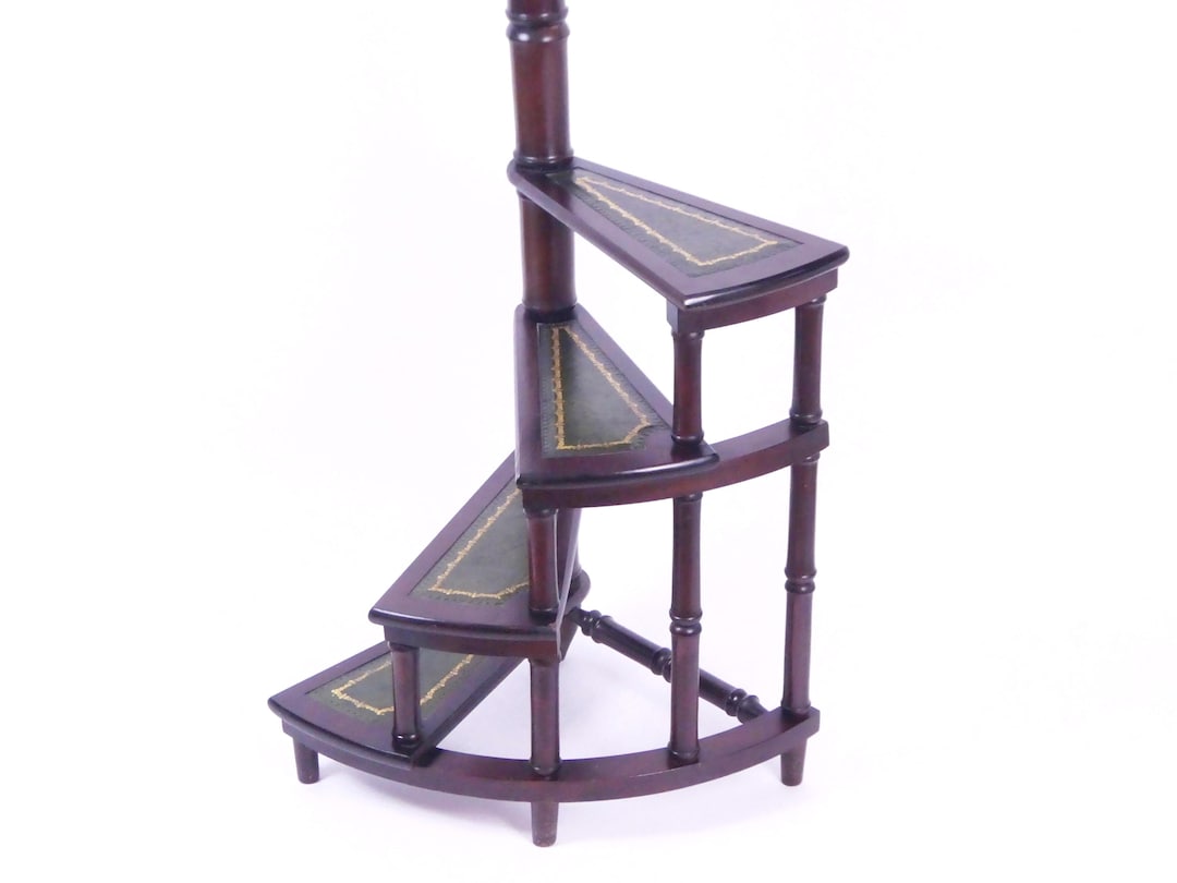 Vintage English Wooden Library Stairs With Green Leather, Large 50's ...