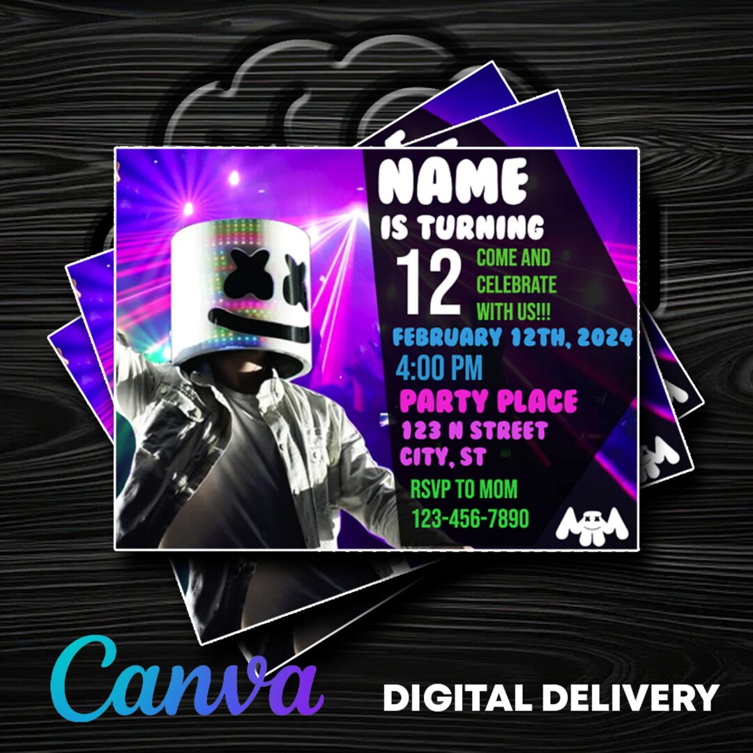 Dj Marshmello Invitation Printable DIY, Canva Template, Marshmello ...