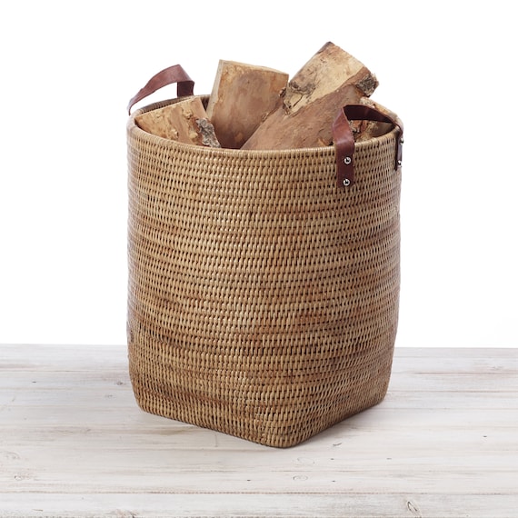 URU Tall Veggie Carrier Storage Rattan Basket with Leather Handle Dia 37 28 cm and H42cm Hand Woven in Burma Etsy Polska