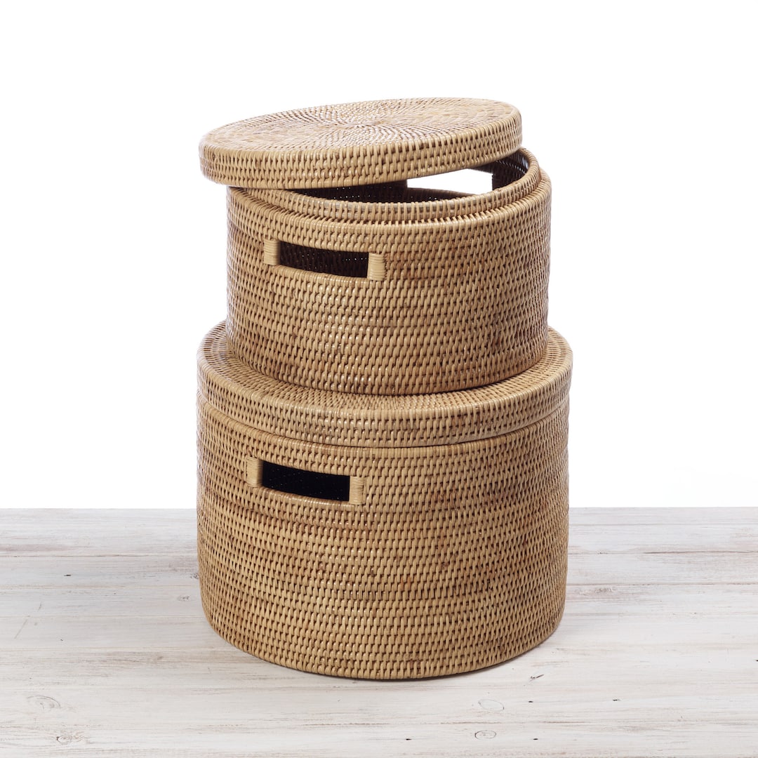 Rattan Round Family Storage Box / Hand Woven Rattan Storage Basket With ...