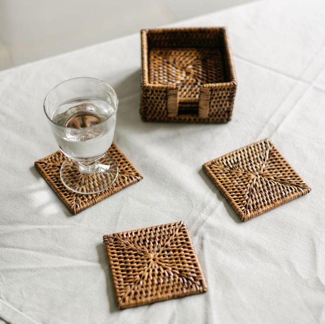 URU Rattan Square Coasters - Set of 6 With Holder by 12cmx 12cm X 6cm ...