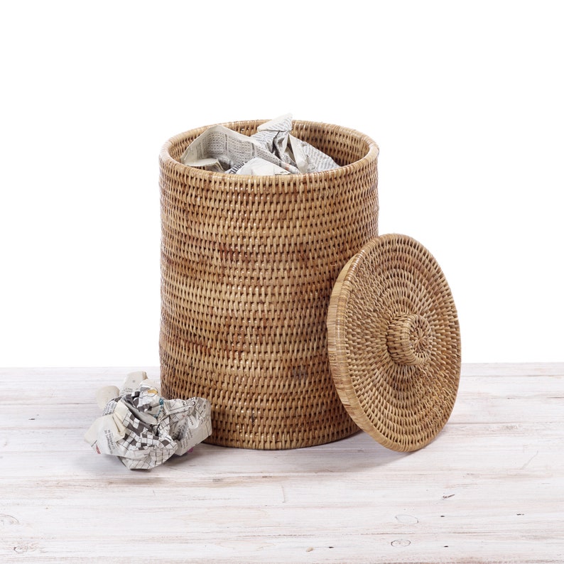 Rattan Round Waste Bin/ Paper Bin With Lid and Insert Liner - Etsy