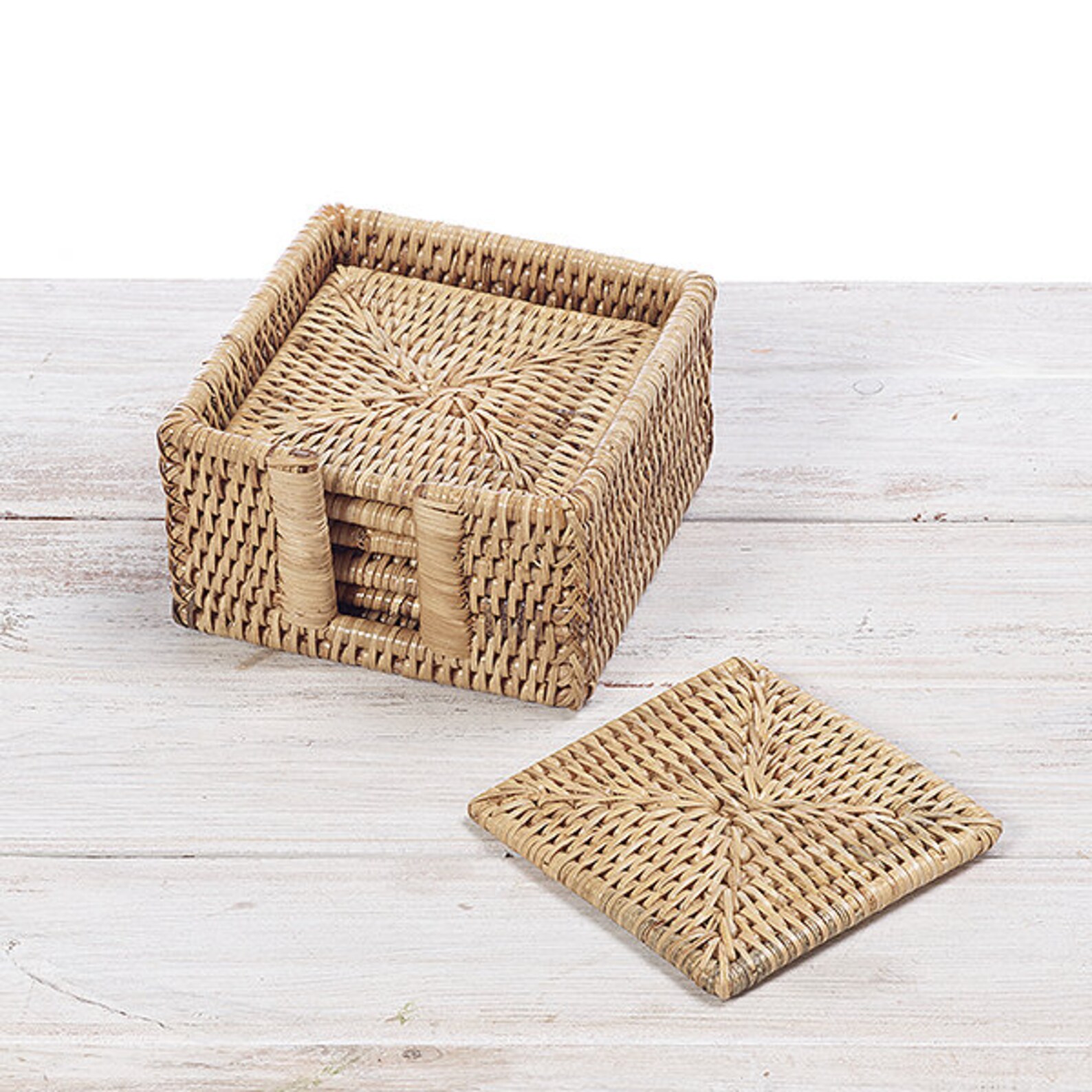 URU Rattan Square Coasters - Set of 6 With Holder by 12cmx 12cm X 6cm ...
